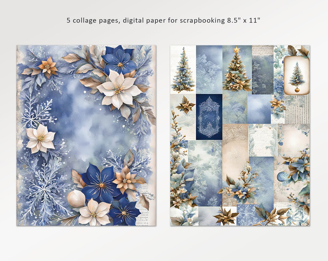 Indigo Christmas- 5 Junk Journal Pages Kit, Scrapbooking Paper ...