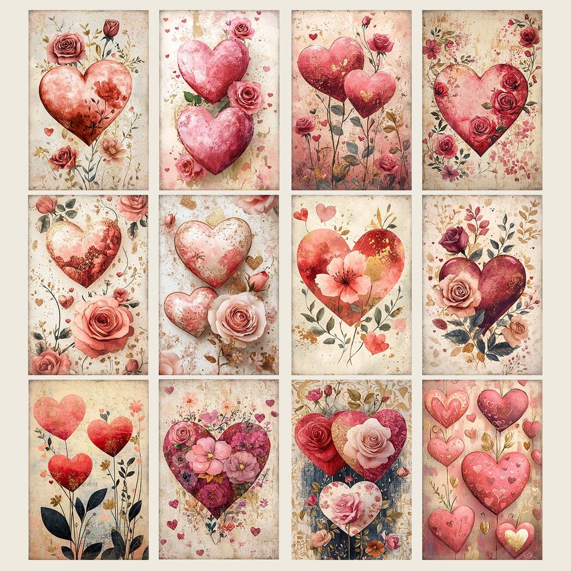 Flower Hearts Scrapbook Paper, Valentine's Day Junk Journal, Vintage ...