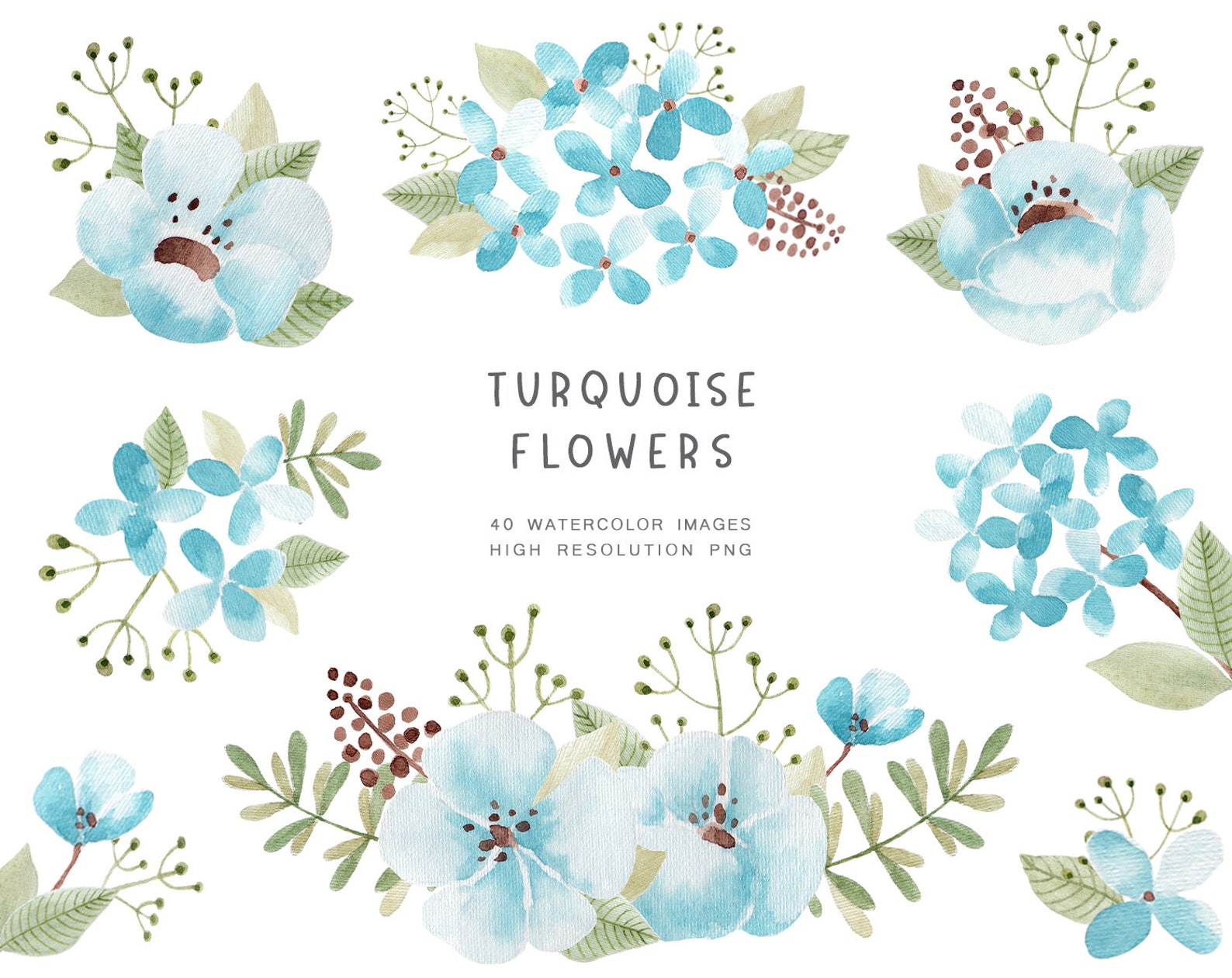 Watercolor Flowers Clipart Turquoise Flowers Flower Clipart - Etsy