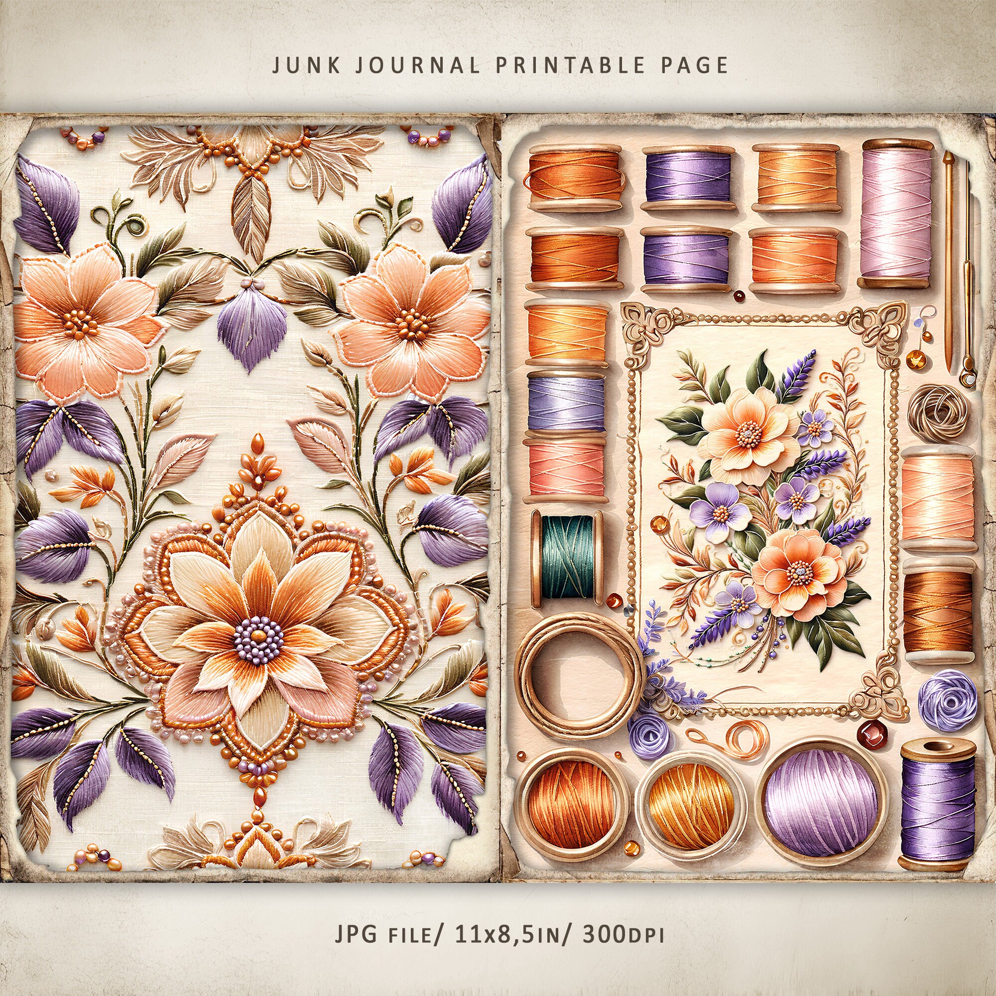 Embroidery Junk Journal Pages Kit, Needlework Journal Pages, Embroidery ...