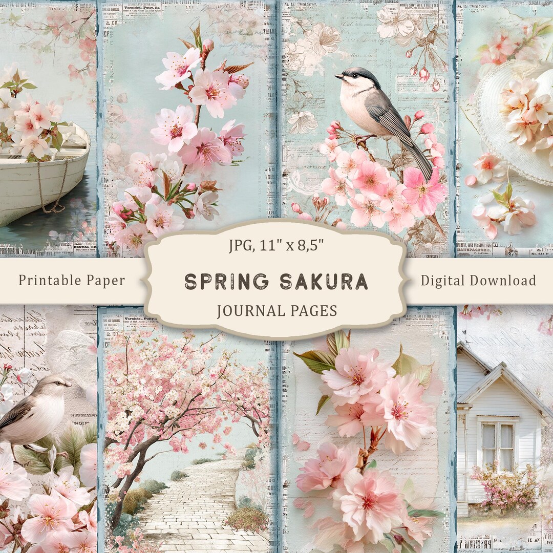 Spring Sakura Junk Journal Kit, Spring Flower Scrapbook Paper, Vintage ...