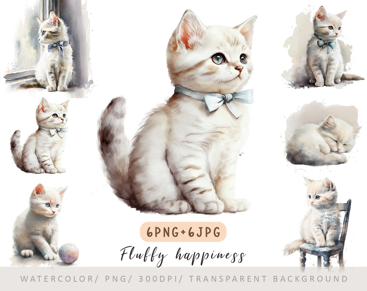Cute White Kittens Clipart, Cute Watercolor Kittens Clipart, Cat ...