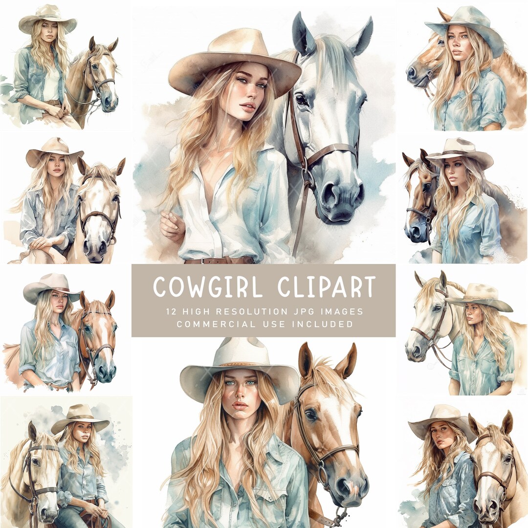 Western Cowgirl Clipart 12JPG, Cowboy Girl Clipart, Watercolor Western ...