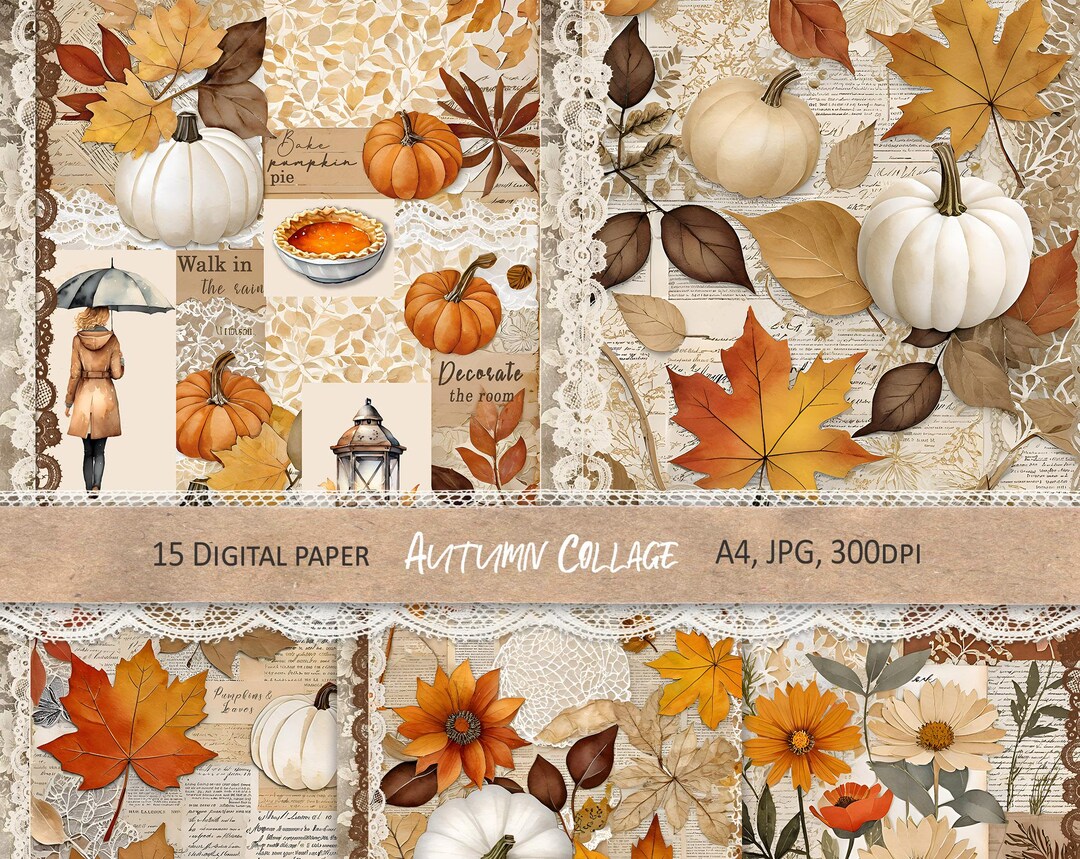 A4 Autumn Collage Scrapbooking Paper Set, Watercolor Fall Collage, Junk ...