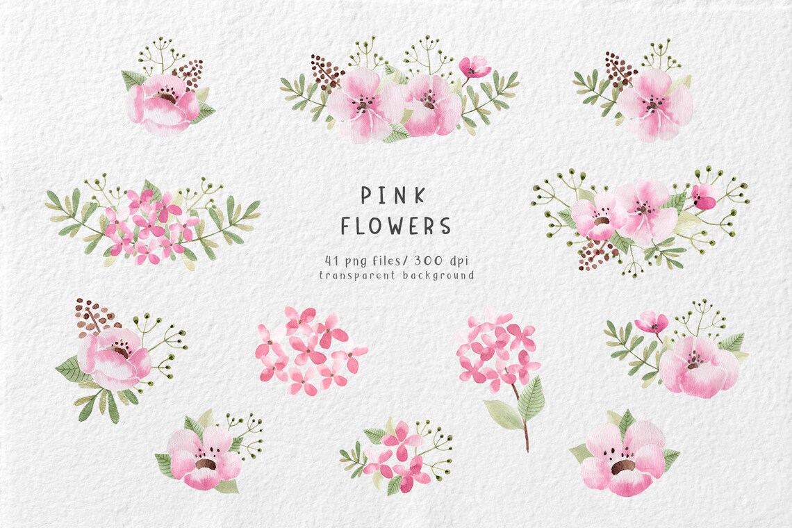Watercolor Clipart Pink Flowers Flower Clipart PNG Flowers - Etsy