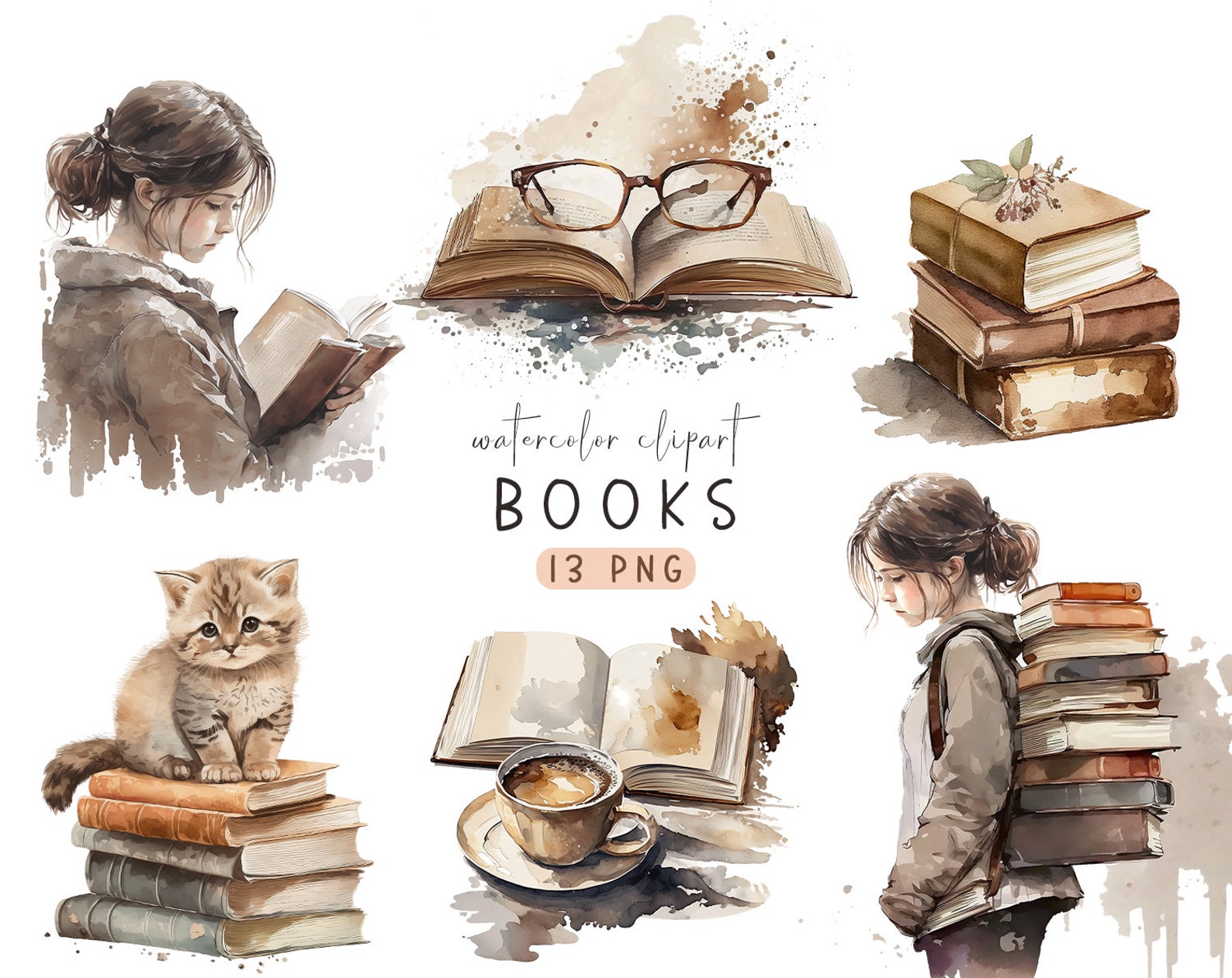 Books Watercolor Clipart, Vintage Book Clipart, Book Cafe, Old Book ...
