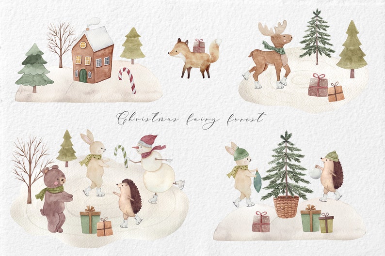 Watercolor Clipart Animals- 86PNG, Christmas Animals, Santa Claus ...