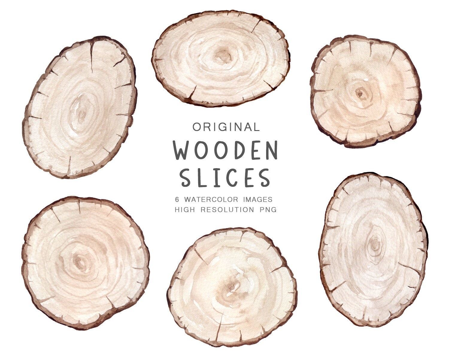 Original Watercolor Wood Slices, Wood Slice, Tree Clipart, Wooden Frame ...