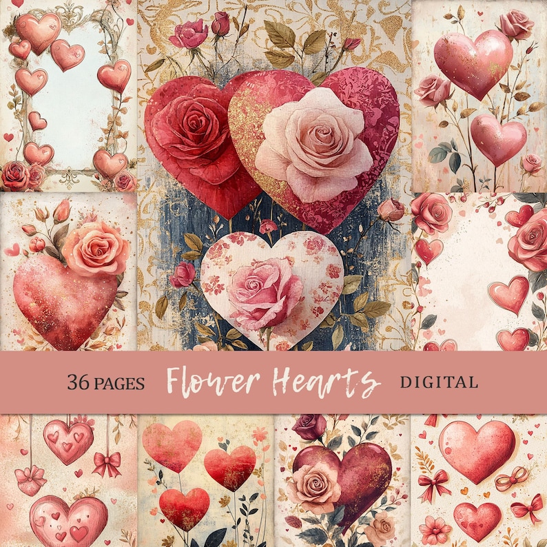 Flower Hearts Scrapbook Paper, Valentine's Day Junk Journal, Vintage ...