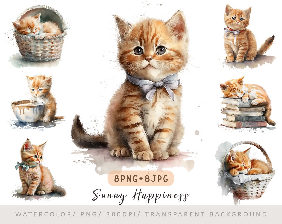 Red Kittens Clipart, Cute Watercolor Kittens Clipart, Cat Portrait ...