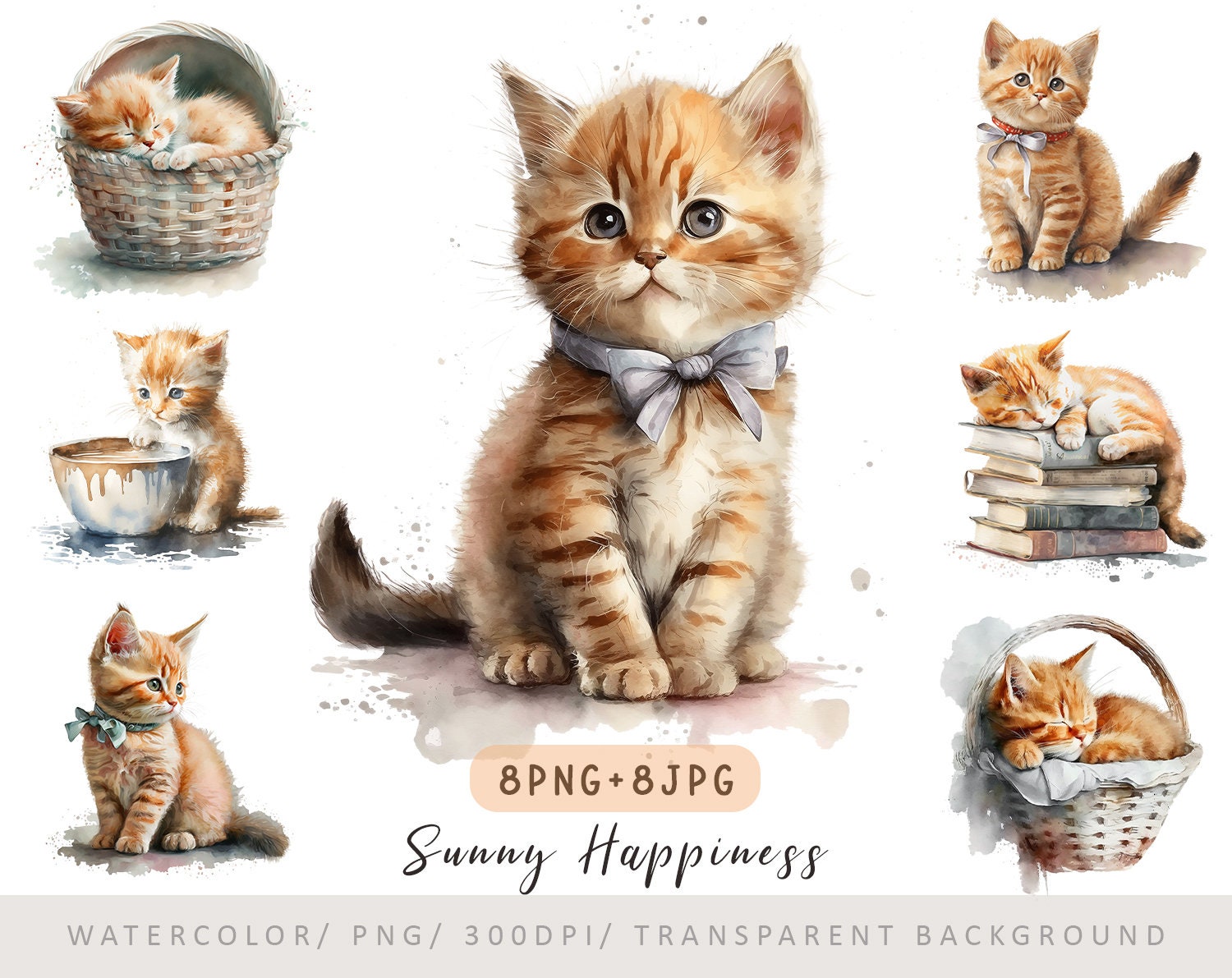 Red Kittens Clipart, Cute Watercolor Kittens Clipart, Cat Portrait ...