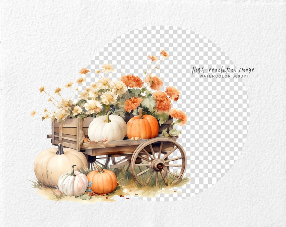 Watercolor Fall Clipart- 6PNG, Watercolor Fall Pumpkins Cart, Autumn ...