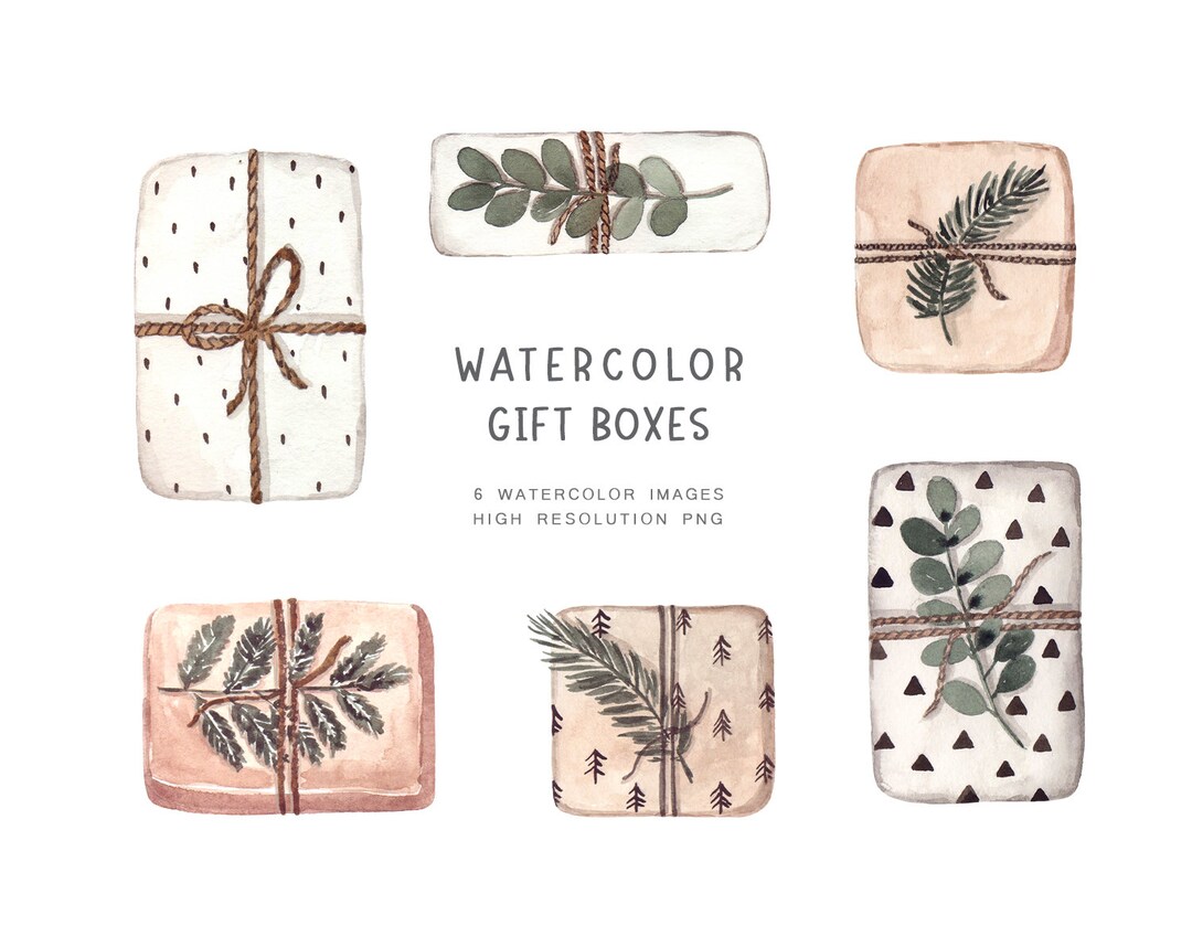 Watercolor Clipart Gift Boxes, Christmas Clipart, Birthday Gifts, Eco ...