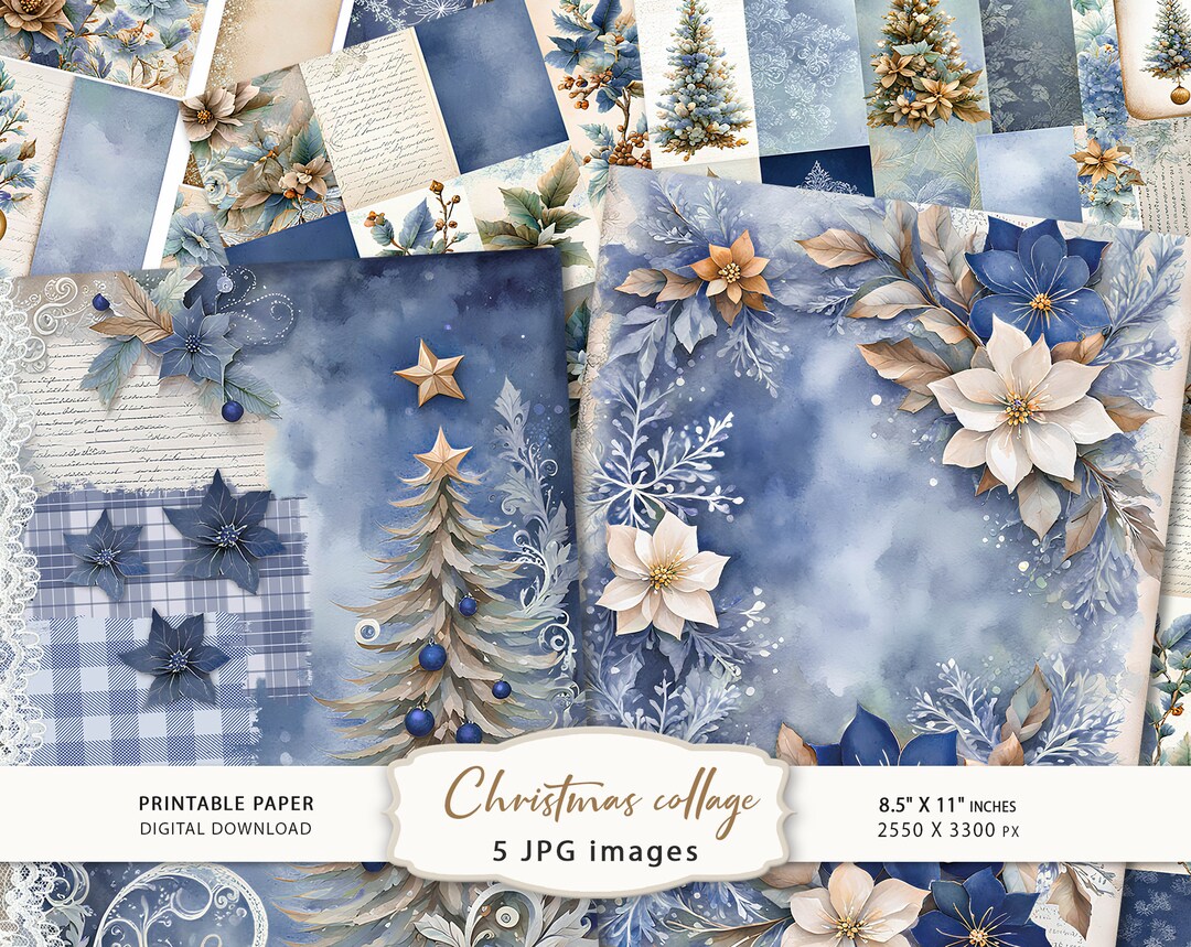 Indigo Christmas- 5 Junk Journal Pages Kit, Scrapbooking Paper ...