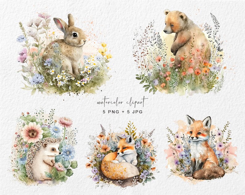 Watercolor Forest Animals Clipart Set, Rabbit, Fox, Bear, Hedgehog ...