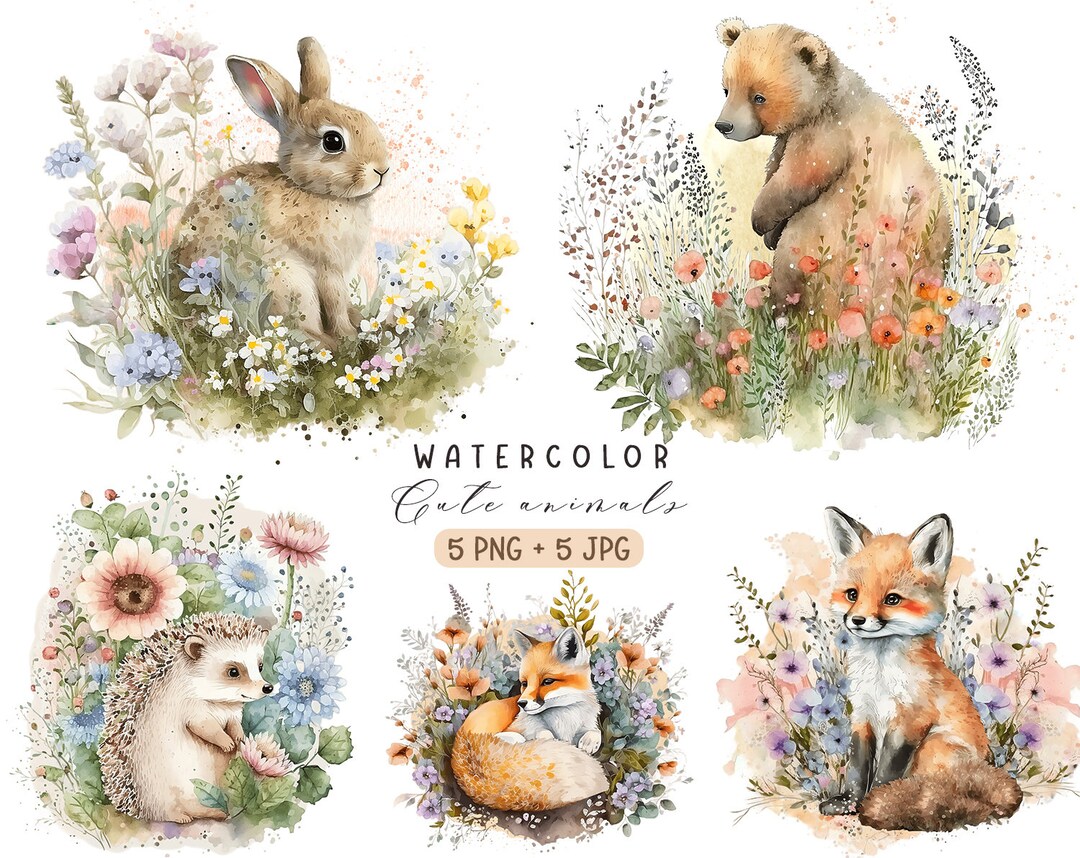 Watercolor Forest Animals Clipart Set, Rabbit, Fox, Bear, Hedgehog ...