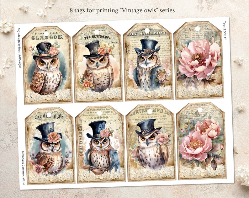 Vintage Owl Journal Tags, Vintage Owl Ephemera, Owl Tags, Owl Printable ...