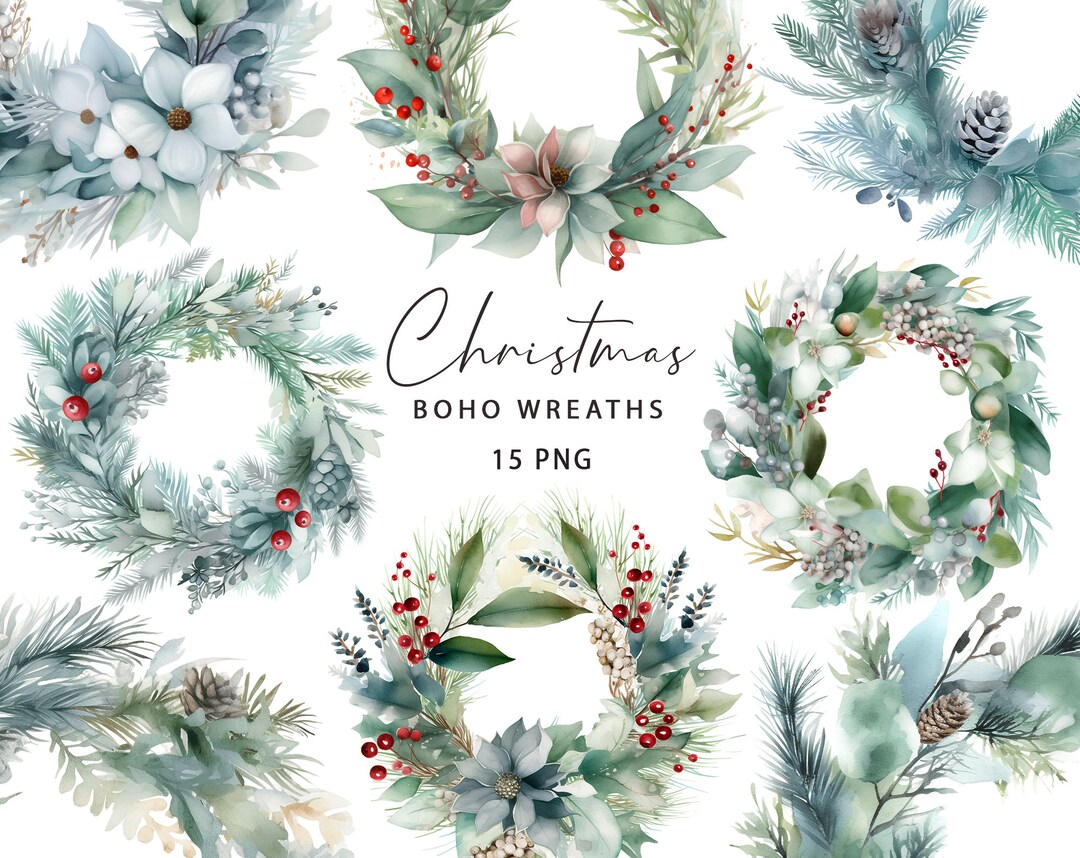 Christmas Wreaths Clipart, Watercolor Wreaths, Digital Download ...