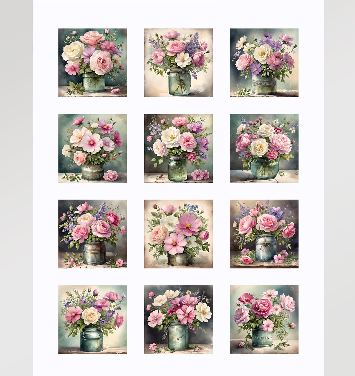 Digital Flower Collage Sheets, Printable 2"x2" Square Images, Digital ...
