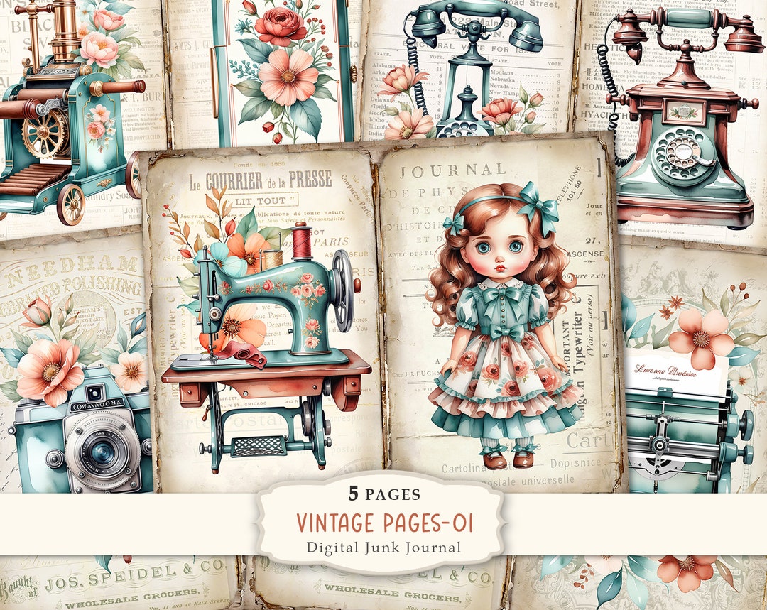 Vintage Pages 5 Pages Junk Journal Kit, Retro Objects Journal Pages ...