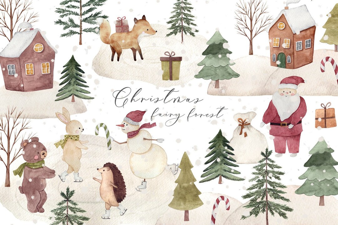 Watercolor Clipart Animals- 86PNG, Christmas Animals, Santa Claus ...