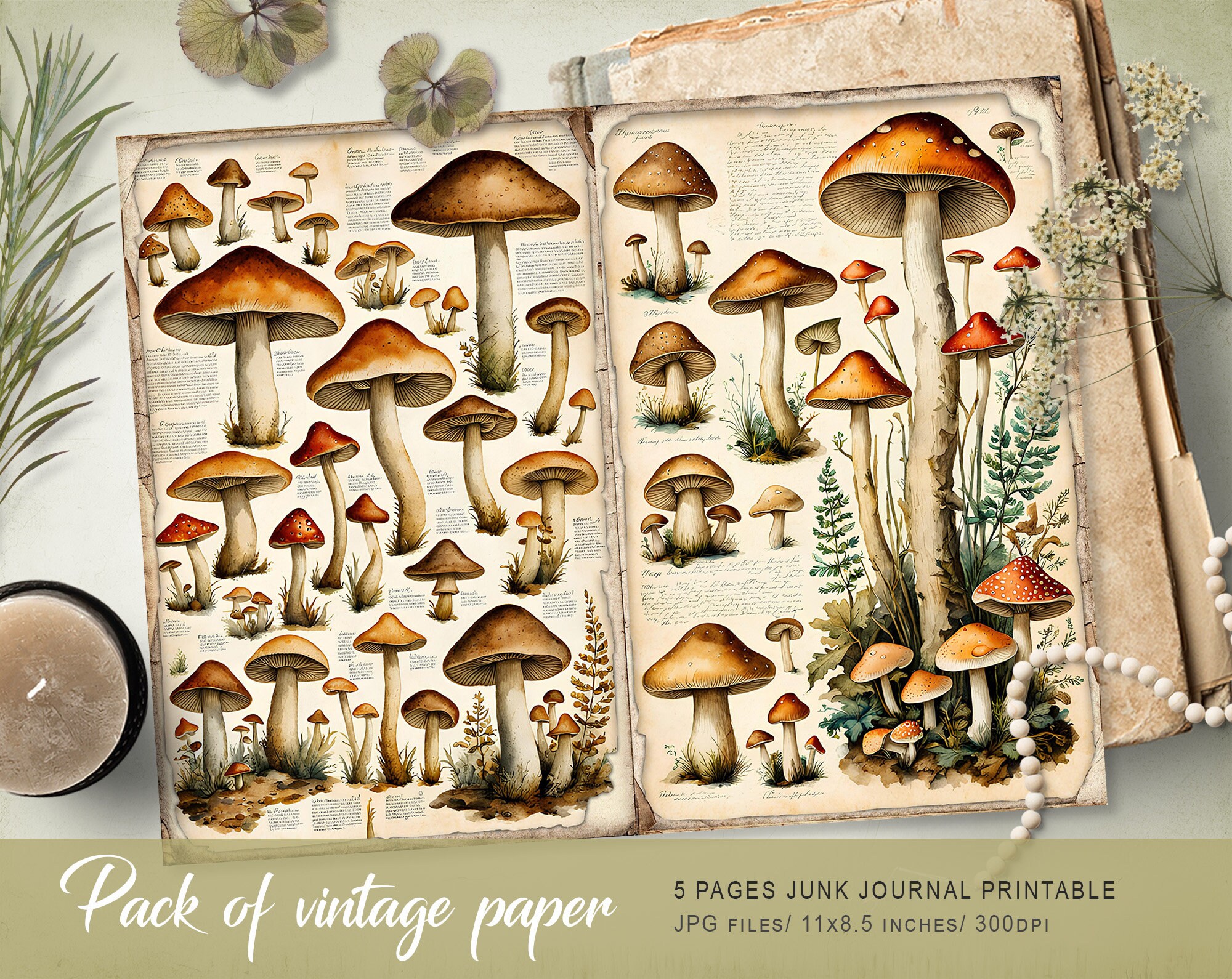 Forest Mushrooms-1 Junk Journal Kit, Vintage Mushrooms Printable Pages ...