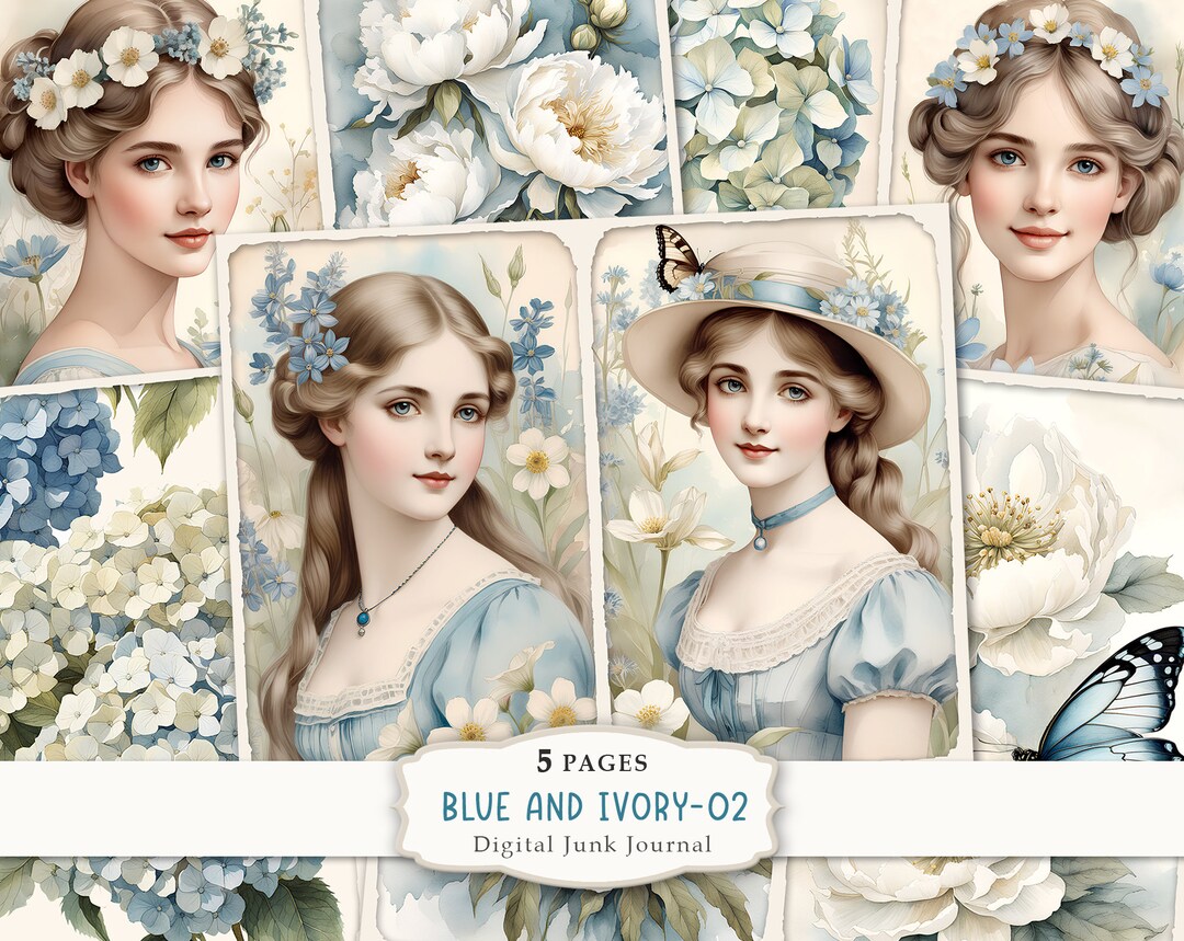 Blue & Ivory #2 Victorian Junk Journal Kit – Floral Collage (digital ...
