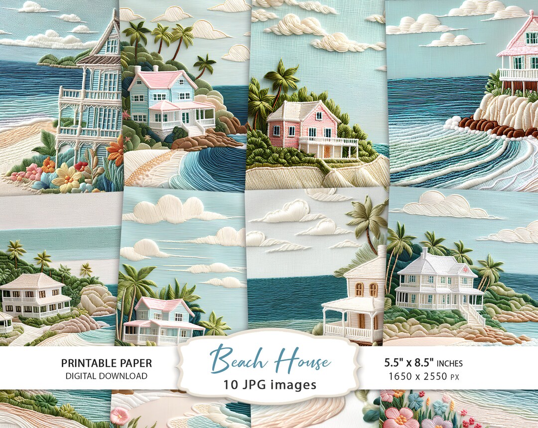 Beach House Digital Embroidery Paper, Printable Paper Pack, Scrapbook ...