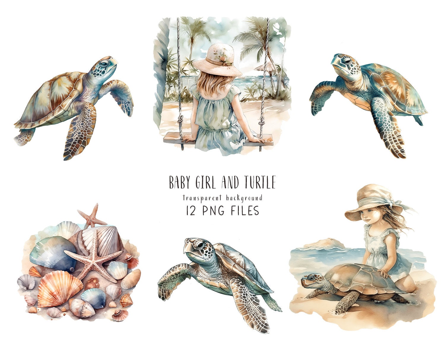 Baby Girl and Turtle 12PNG 4JPG Watercolor Clipart Turtle - Etsy