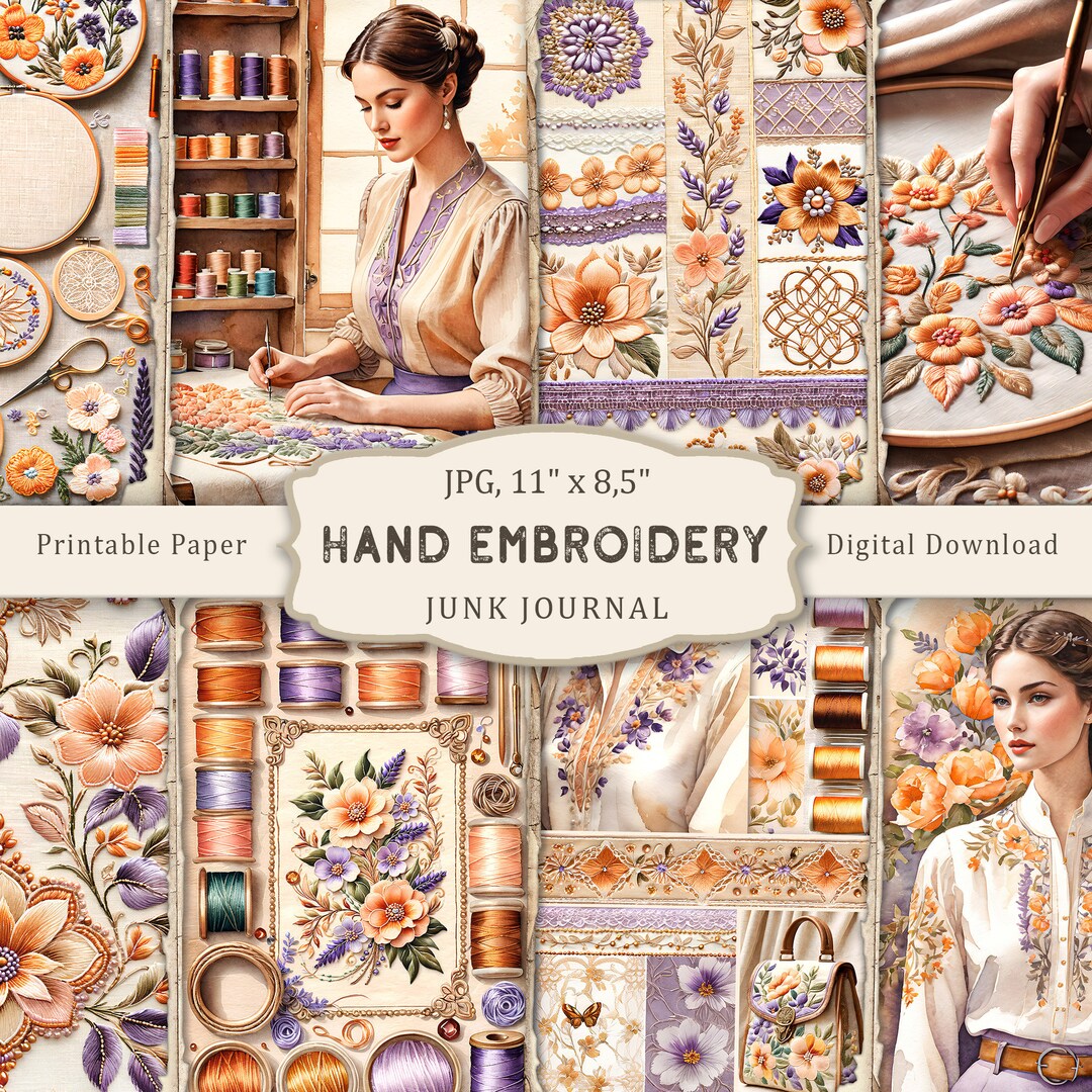 Embroidery Junk Journal Pages Kit, Needlework Journal Pages, Embroidery ...