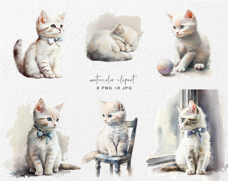 Cute White Kittens Clipart, Cute Watercolor Kittens Clipart, Cat ...