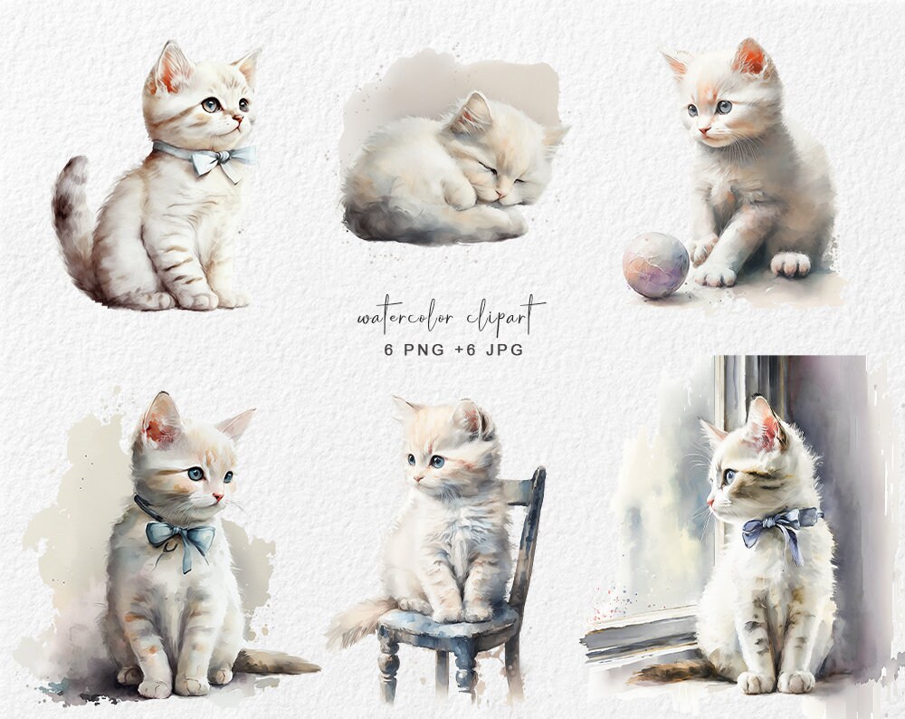 Cute White Kittens Clipart, Cute Watercolor Kittens Clipart, Cat ...