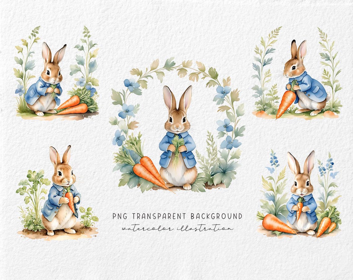Peter Rabbit and Carrots Clipart- 12PNG, Beatrix Potter Style, Spring ...