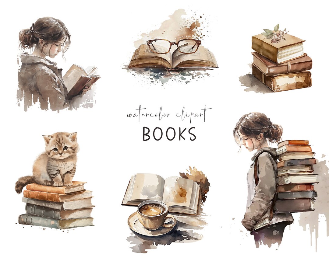 Books Watercolor Clipart Vintage Book Clipart Book Cafe Old - Etsy