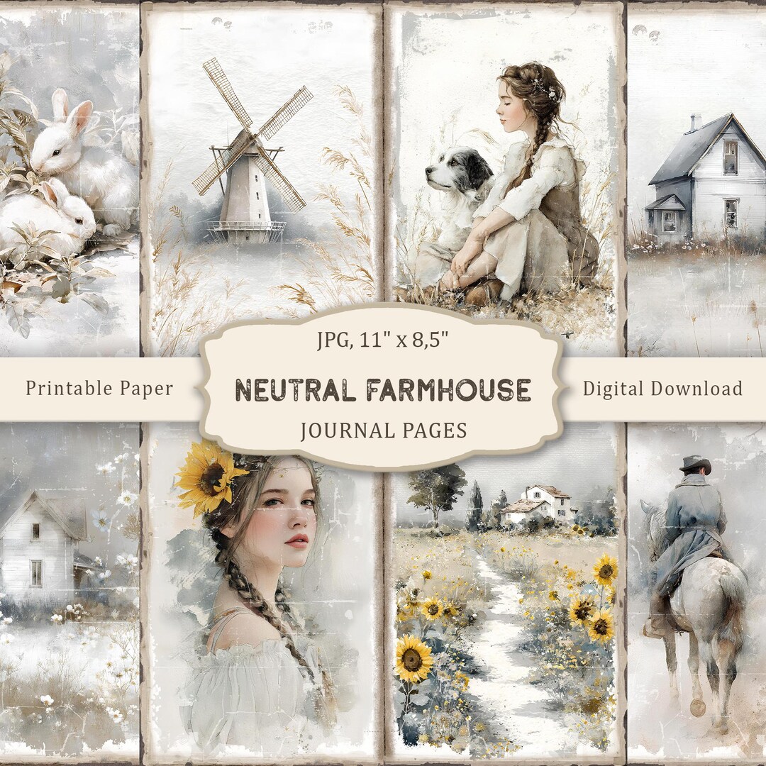 Neutral Farmhouse-3 Junk Journal Kit, Watercolor Farm Printable Pages ...