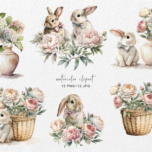 Clipart Rabbits and Flowers, Watercolor Clipart, Rabbits Clipart ...