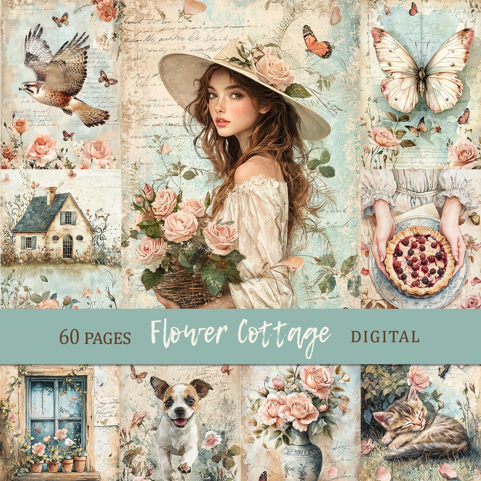 Flower Cottage Scrapbook Paper, Shabby Chic Junk Journal Pages, Vintage ...