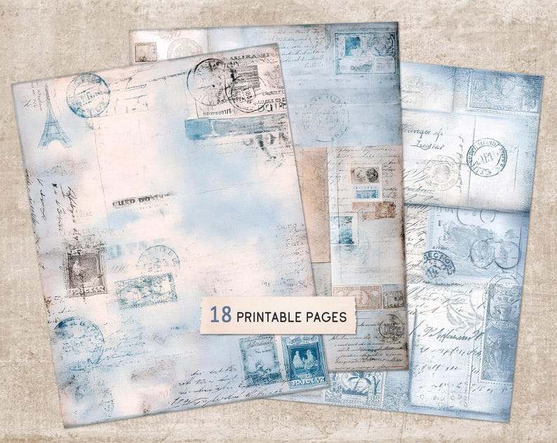 Blue Postage Paper, Letter Collage, Vintage Ephemera, Scrapbooking ...