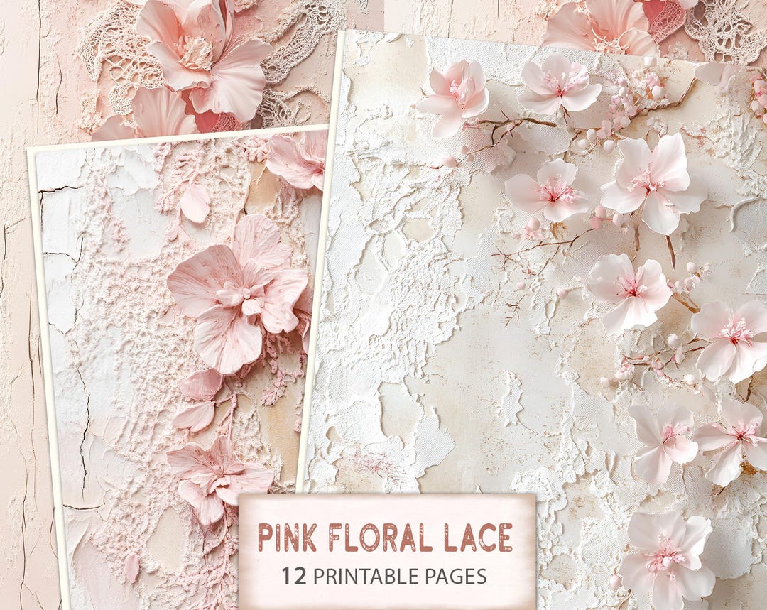Pink Floral Lace-1 Junk Journal Printable Pages, Digital Lace Collage ...
