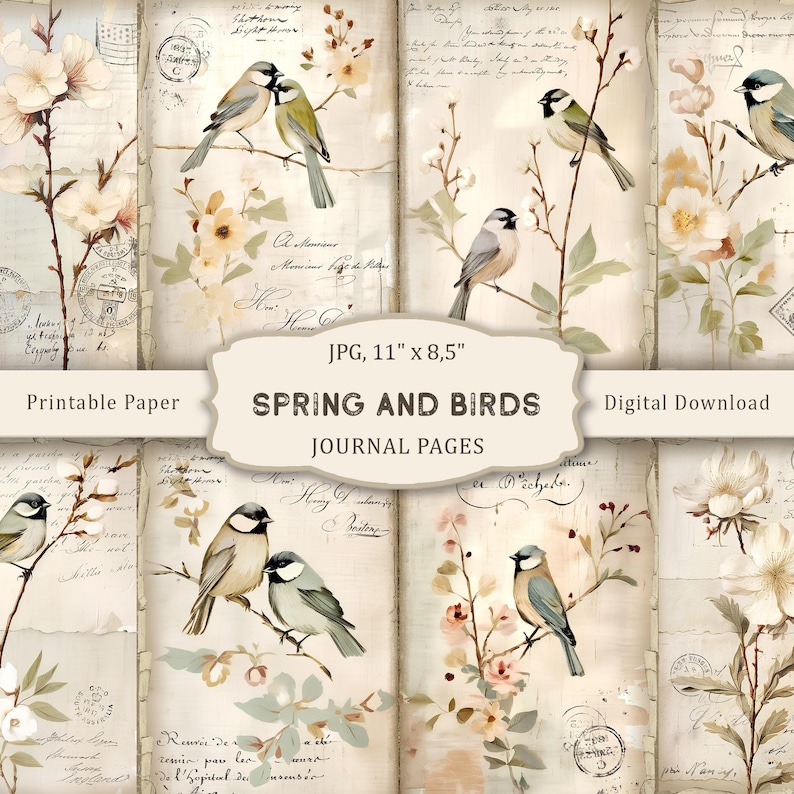 Birds Junk Journal Kit, Spring Flowers Ephemera, Scrapbooking Paper ...
