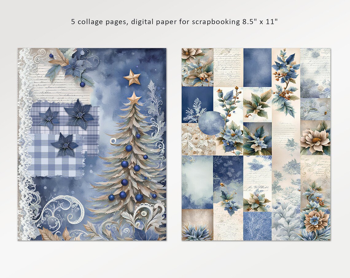 Indigo Christmas- 5 Junk Journal Pages Kit, Scrapbooking Paper ...