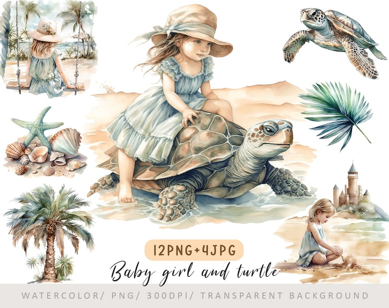 Baby Girl and Turtle 12PNG 4JPG Watercolor Clipart Turtle - Etsy