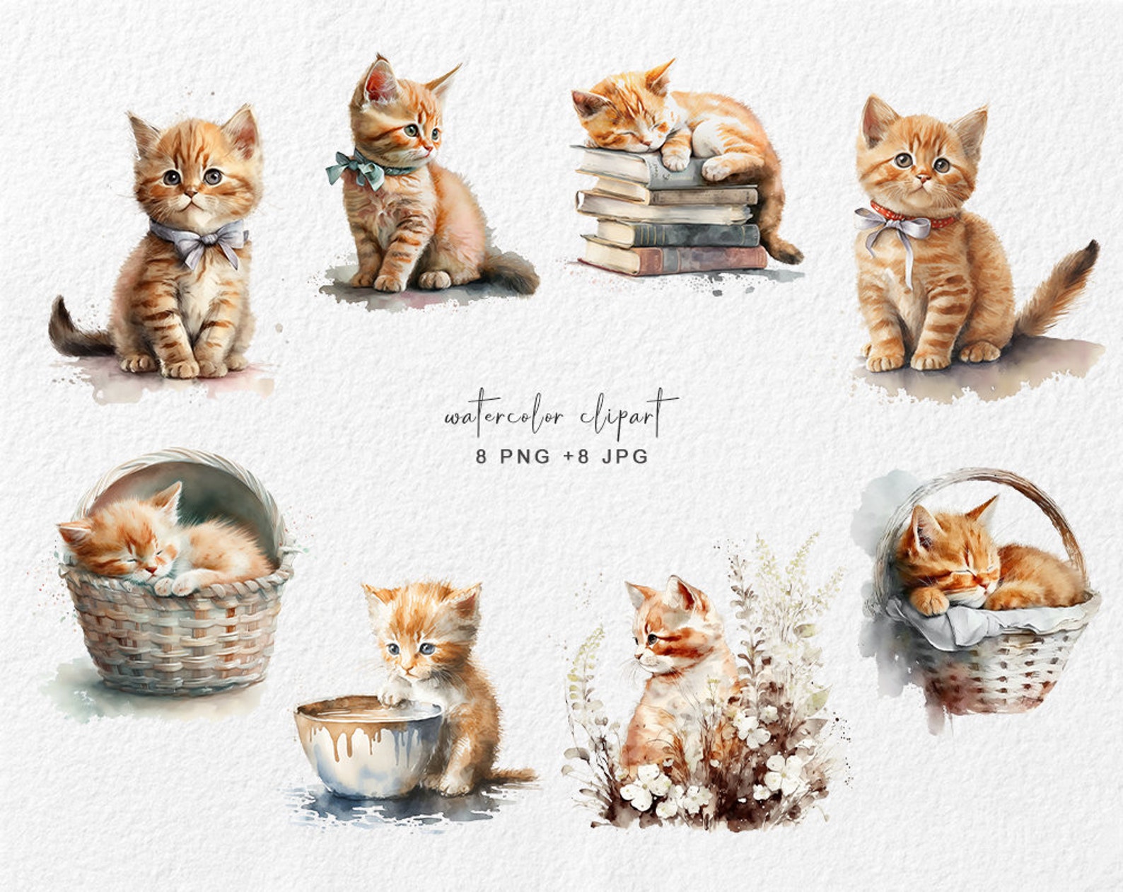 Red Kittens Clipart, Cute Watercolor Kittens Clipart, Cat Portrait ...