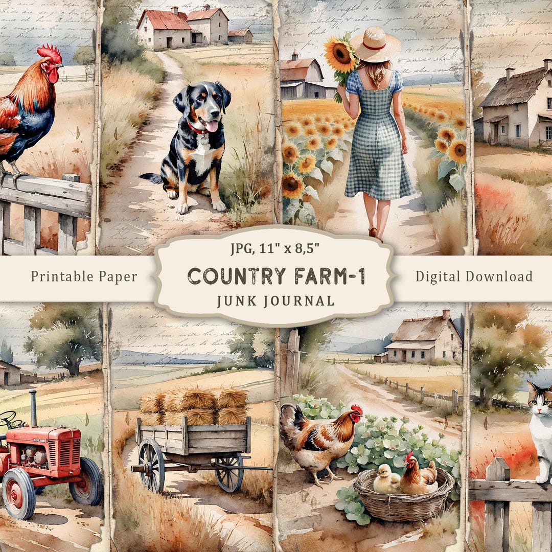 Country Farm-1 Junk Journal Kit, Watercolor Farmhouse Printable Pages ...