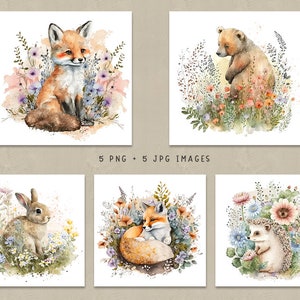 Watercolor Forest Animals Clipart Set, Rabbit, Fox, Bear, Hedgehog ...