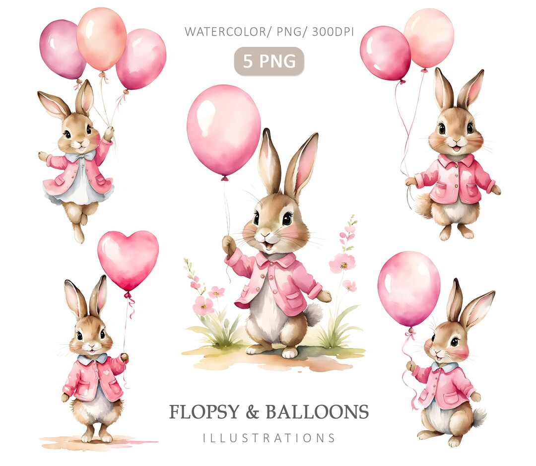 Flopsy Rabbit & Balloons Cliparts PNG, Beatrix Potter Style, Peter ...