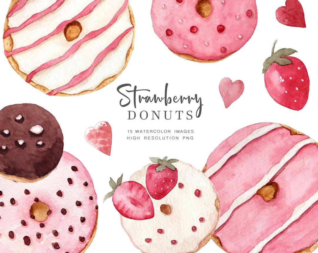 Watercolor Donuts Clipart 15PNG, Strawberry Donuts, Valentine's Day ...