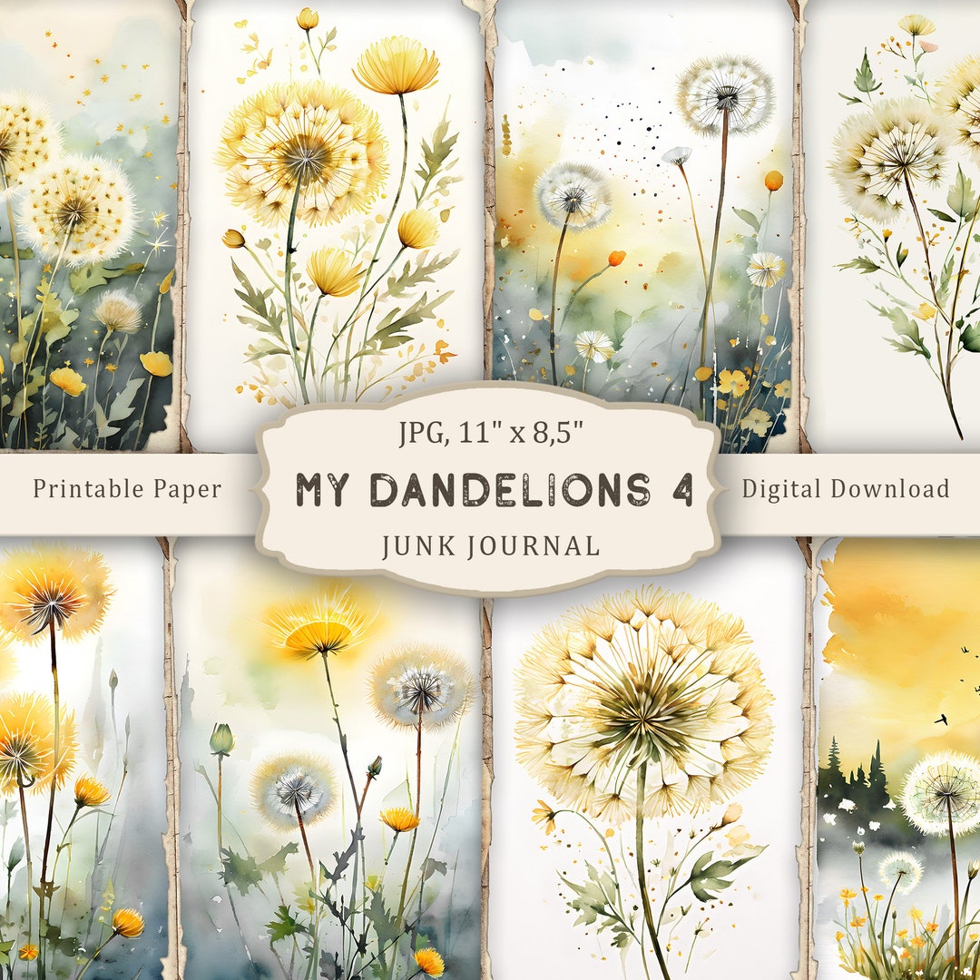 My Dandelions-4 Junk Journal Kit, Watercolor Dandelions Printable Pages ...