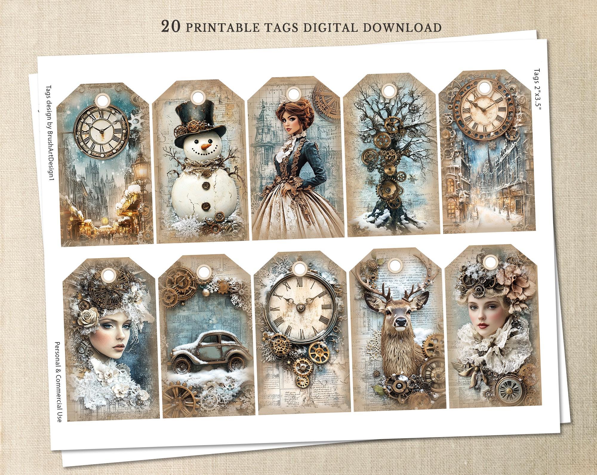 Tags Steampunk Christmas, Winter Gift Labels, Holiday Decor, Journal ...