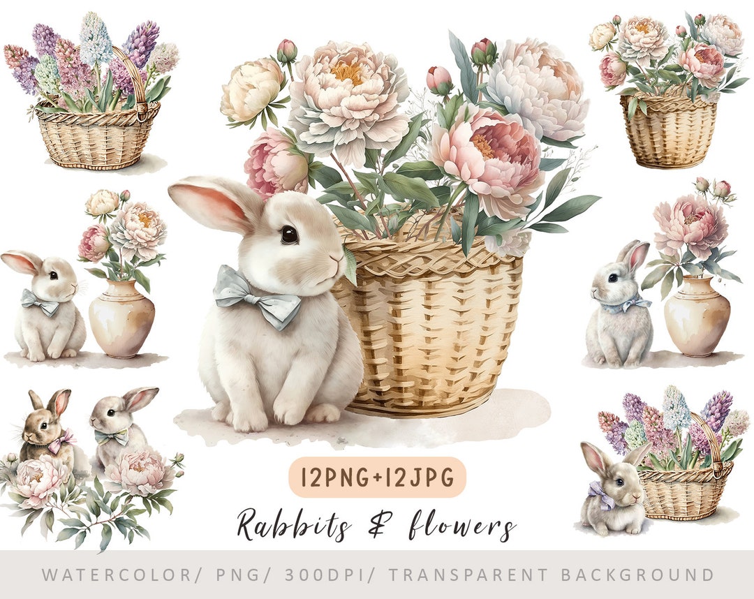 Clipart Rabbits and Flowers, Watercolor Clipart, Rabbits Clipart ...